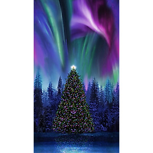 Timeless Treasures Winter Solstice CD2010 Multi Christmas Tree Under Aurora Boralis 24" Panel