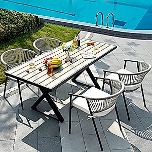 YITAHOME Outdoor Patio Dining Table for 6, Rectangular Table with Faux Wood Tabletop and Umbrella Hole, Outdside Table for Patio Balcony Proch Poolside - Black & Nature Wood