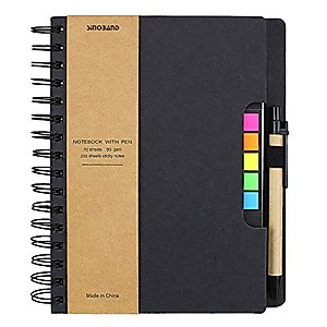 SAIBANG Spiral Notebook Steno Notepad, Wide Ruled Lined Paper Notebooks with Pocket, Pen in Holder, Colored Sticky Notes Index Tabs Page Markers for School Office, 7 x 9 inch, Kraft Cover (Black)