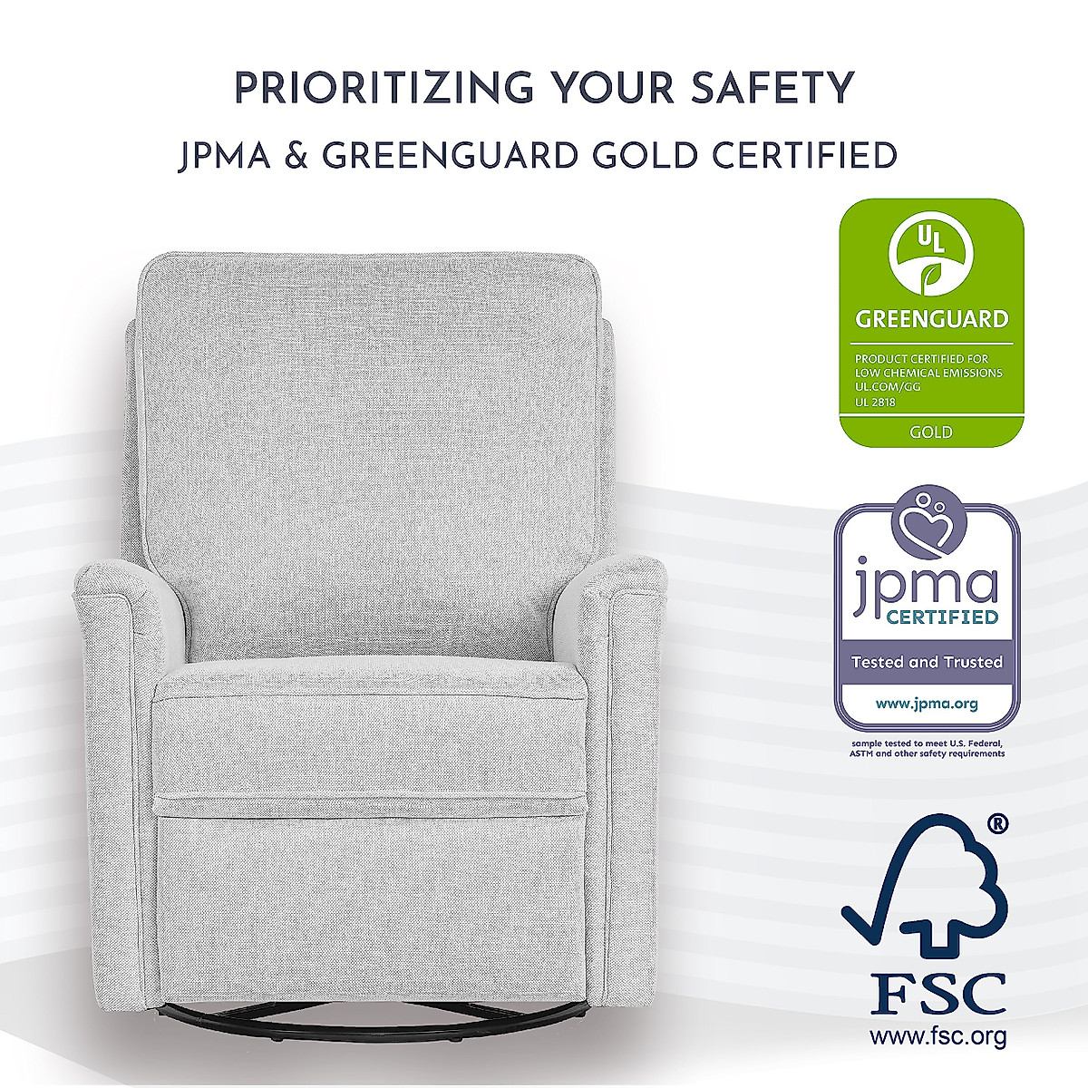 Evolur Beau Upholstered Seating Swivel, Manual, Greenguard Gold Certified, Chair, Modern Nursery Recliner, Tool-Free Assembly Glider, Morning Grey