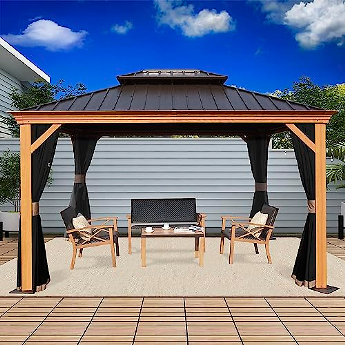 Kozyard Apollo Wood Looking 10ft x 12ft Aluminum Hardtop Gazebo with Galvanized Steel Roof and Mosquito Net (10ft x 12ft)