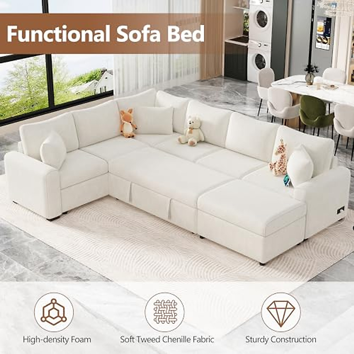 Merax 112.2" Sectional Pull-Out Sofa Bed Couch Sleeper with a Storage Ottoman,3 Pillows and Charging Devices for Living Room