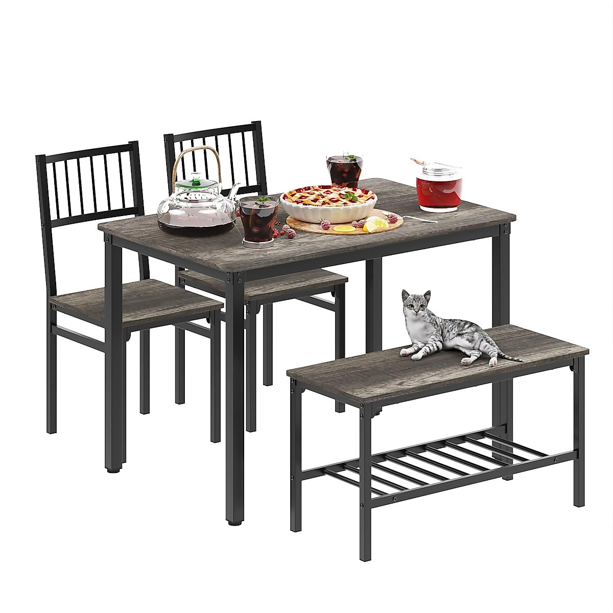 Teraves Dining Table Set for 4/Computer Desk,Kitchen Table with 2 Chairs and a Bench,Table and Chairs Dining Set 4 Picce Set for Dining Room (Black Oak+Black Frame,120CM)