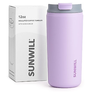 SUNWILL Insulated Coffee Mug with Lid, Leakproof Travel Coffee Tumbler Cups, 12 oz Iced Coffee Cup Powder Coated Lavender
