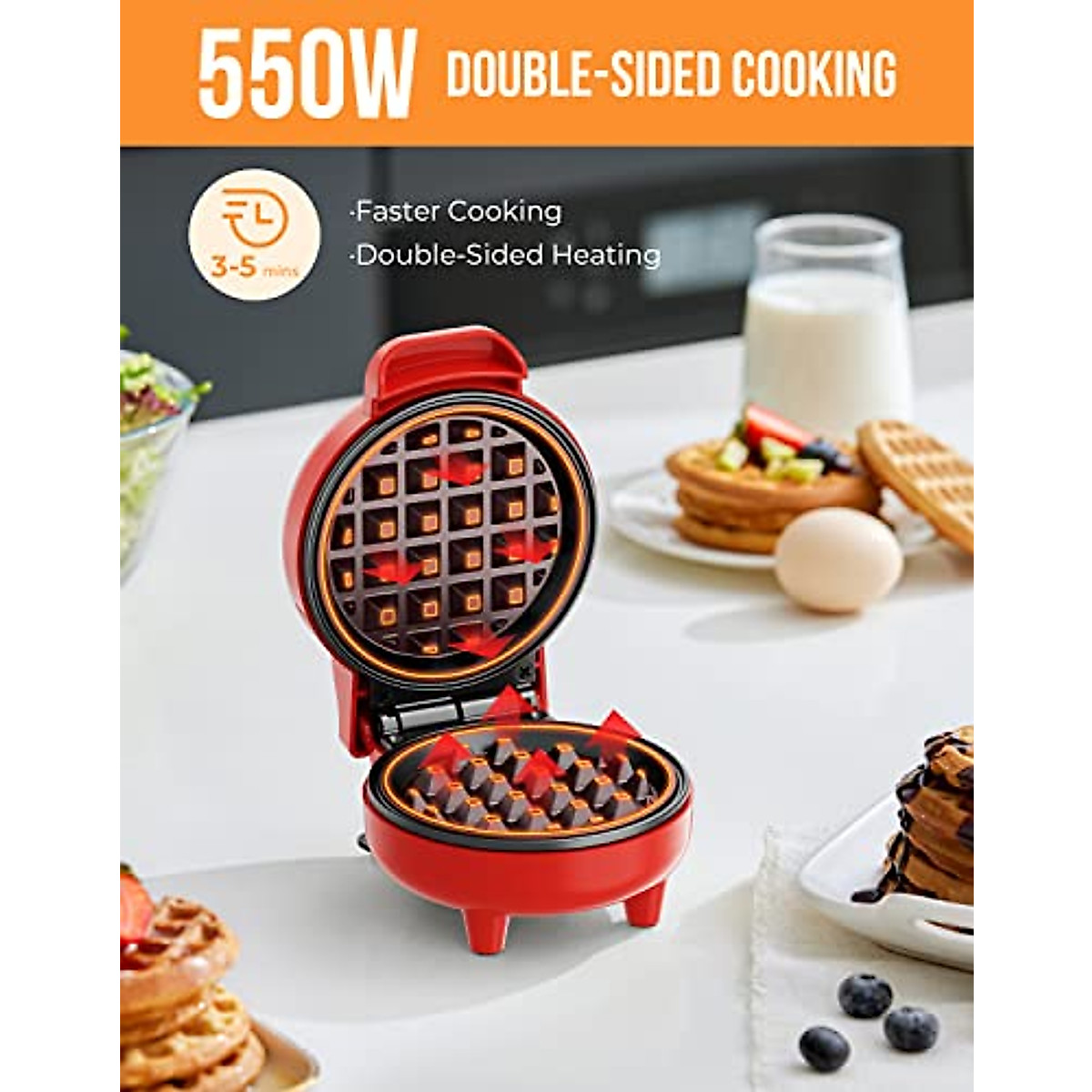 Mini Waffle Maker, Small Waffles Iron Keto Chaffles Single Compact Design Nonstick, Breakfast, Snacks, Hash Browns, 4 Inch Red 550W BLAZANT