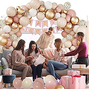 RUBFAC Blush Balloons Garland Arch Kit, Retro Pink Orange Gold White Balloons Confetti Latex Balloons for Girls Baby Shower Garden Tea Party Bachelorette Birthday Wedding Decorations