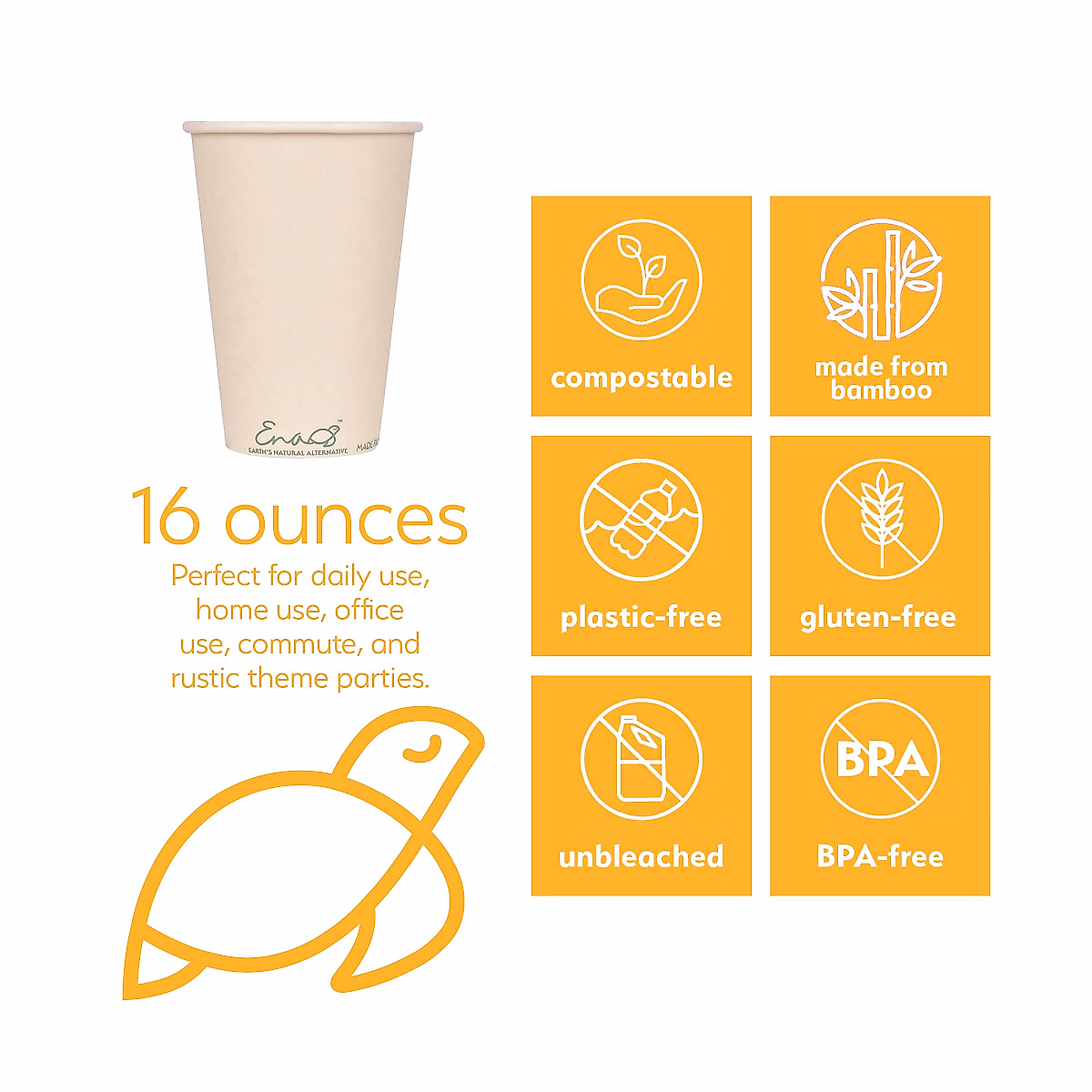 100% Compostable Disposable Coffee Cups [16oz 80 Pack] Paper Cups Made from Bamboo, Eco-Friendly, Biodegradable Premium Party Cups, Natural Unbleached by Earth's Natural Alternative