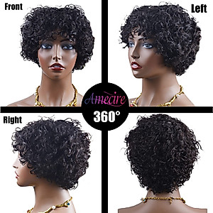 Amecire Short Curly Wigs for Black Women Human Hair Afro Natural Curly Wig Brazilian Virgin Pixie Cut Wig Human Hair With Bangs 150% Density None Lace Front Bob Wigs 1B Color (Big Curly)