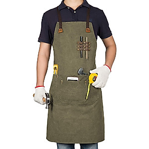 urhgart Waxed Canvas Work Aprons for Men & Women, Shop Apron, Heavy Duty Woodworking, Barista, Barber, Chef, Bartender, Metal Working, with Pockets (Green 1 Piece)