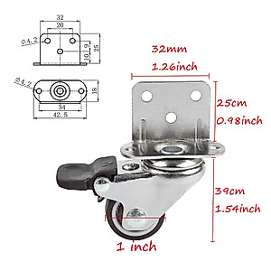 HOWDIA 1'' Swivel Plate Caster Wheels with Brake L-Bracket Side Mount TPR Rubber Small Furniture Replacement Silent Mute Locking Casters for Furniture Legs Set of 4