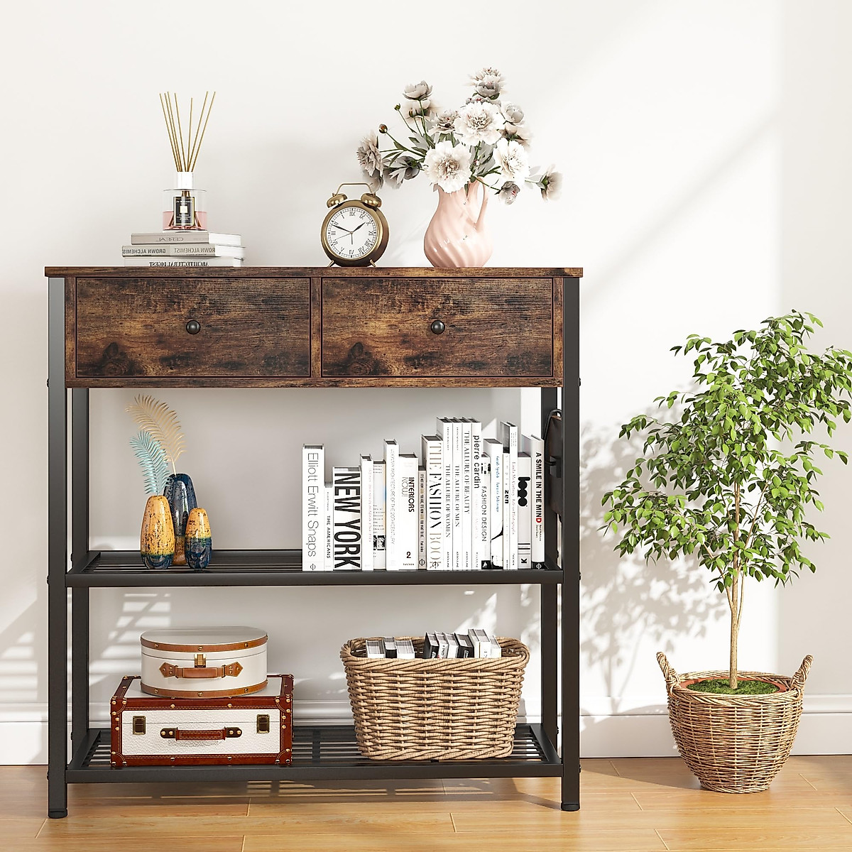 Rustic Industrial Console Table, Sofa Table ，Narrow Side Table with 2 Fabric Drawers, Small Entrance Table with 3 Storage Shelves, Side Table for Living Room, Hallway（31.5，Brown and Black）