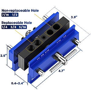 BLEKOO Self Centering Doweling Jig Kit, Drill Jig For Straight Holes Biscuit Joiner Set With 6 Drill Guide Bushings, Adjustable Width Drilling Guide Power Tool Accessory Jigs (Blue)
