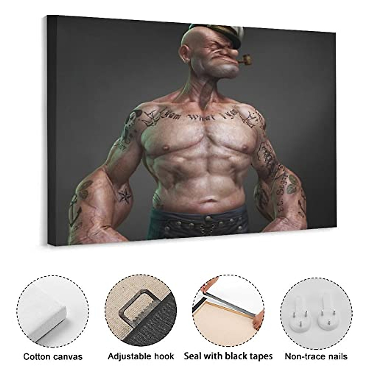 Modern Art Posters Popeye Tattoo Muscle Sailor Funny Posters Cartoon Gym Room Decor Canvas Wall Art Prints for Wall Decor Room Decor Bedroom Decor Gifts 24x32inch(60x80cm) Frame-Style