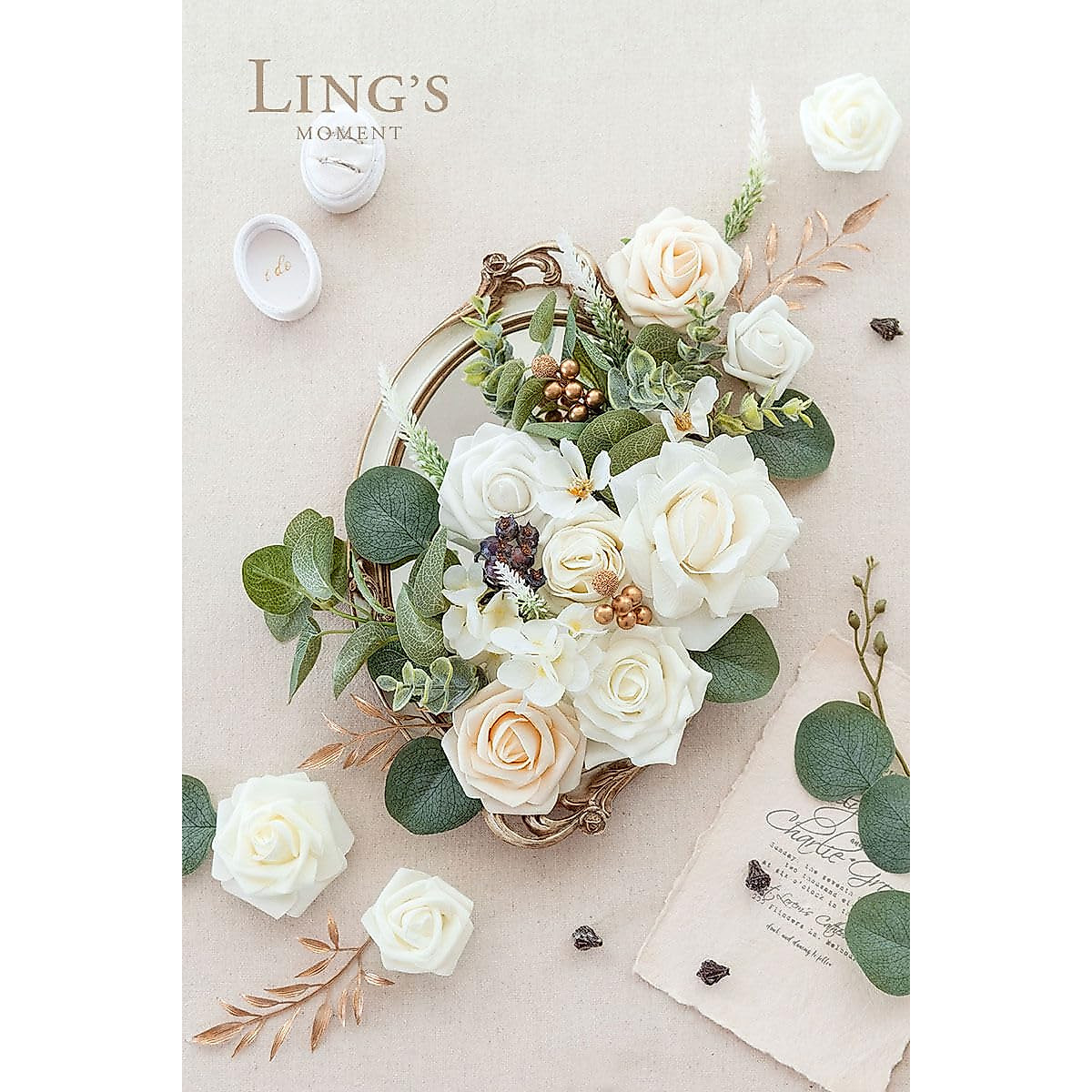 Ling's Moment White Flowers Artificial, Ivory & Cream Fake Flowers Eucalyptus Greenery Combo Box Set for DIY Wedding Bridal Bouquet, Centerpieces, Home Decor, Floral Arrangement Decor, etc.