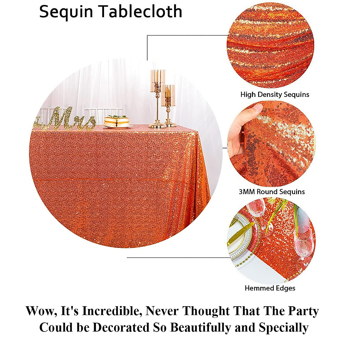 Partisout Orange Tablecloth Square 50x50 Sequin Tablecloths for Rectangle Tables Christmas Tablecloth Halloween Table Overlay Sparkle Table Cloths for Parties(50x50'', Orange)