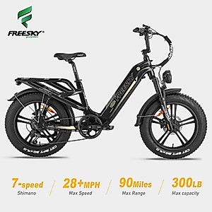 FREESKY Electric Bike for Adults 1200W Motor 48V 20AH Removable Battery Step-Thru up to 28+MPH&90Miles Ebike, 4.0×20” Fat Tires Electric Bicycle with Rear Basket(Latest Release)