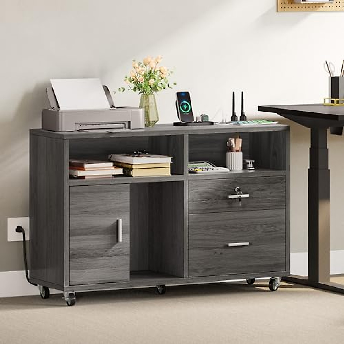 YITAHOME Wood Lateral File Cabinet, 2 Drawer Mobile Storage Cabinet, Fits A4, Letter and Legal, Printer Stand with Open Storage Shelves, Modern Filing Cabinet for Home Office, Grey