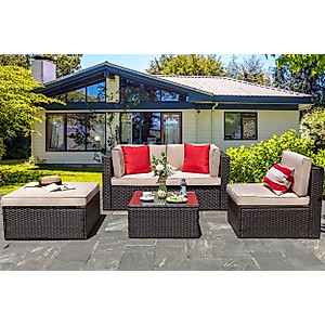 Vongrasig 5 Pieces Small Patio Furniture Sets, All-Weather PE Wicker Rattan Outdoor Couch Sectional Patio Conversation Set Outdoor Furniture Patio Seating w/Ottoman, Glass Table&Beige Cushion (Brown)