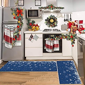 Christmas Kitchen Rugs and Mats Set of 2, Non-Slip Blue Snowflake Rugs Kitchen Mats Snowflake Doormat for Winter Holiday Kitchen Decorations Washable Runner for Xmas Home Decor (17"x47"+16"x24")