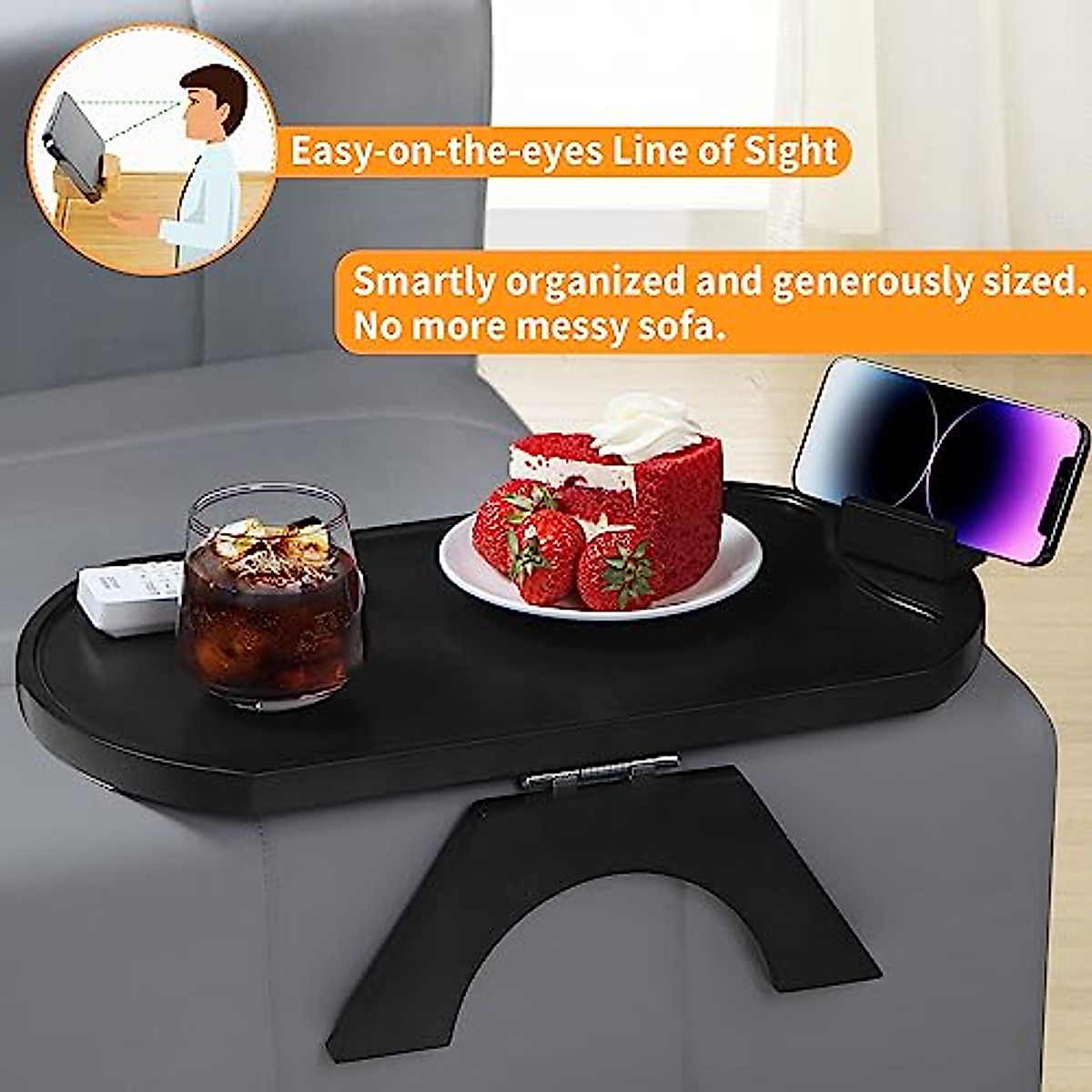 Lengthened Upgrade 17.7x9.8 Couch Arm Table Tray for Sofa, Center Console Armrest Clip Table for Car, Wooden, Foldable, Large Space for Eat/Drink/Snack/Remote Control, with 360° Rotating Phone Holder
