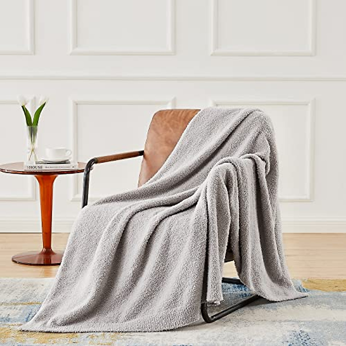 CYMULA Knit Throw Blanket for Couch Light Grey - Super Soft Lightweight Plush Fuzzy Fluffy Warm Cozy Blankets and Throws for Sofa Bed, 50x60 inches