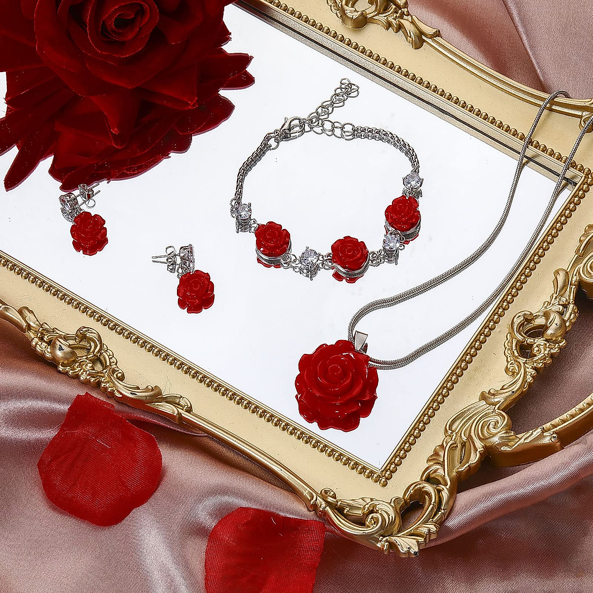 Fiada 1 Set Resin Rose Jewelry Red Necklaces with Diamond Flower Vintage Jewelry Dangle Necklace and Earring Sets for Women Pendent Bracelet for Bride Wedding Valentine Gifts