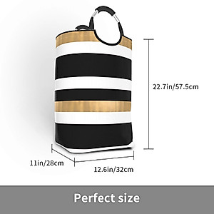 Large Laundry Hamper Bag, Modern Black White and Gold Striped Laundry Basket Collapsible Dirty Clothes Storage Washing Bin for Bathroom, Dorm Essentials