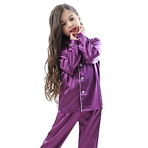 Pajamas Kid Unisex Pjs Set Girls Boys Silk Pajamas Set Satin Long Sleeve 2 Piece Clasic Sleepwear for 2-12 Years Todder Purple