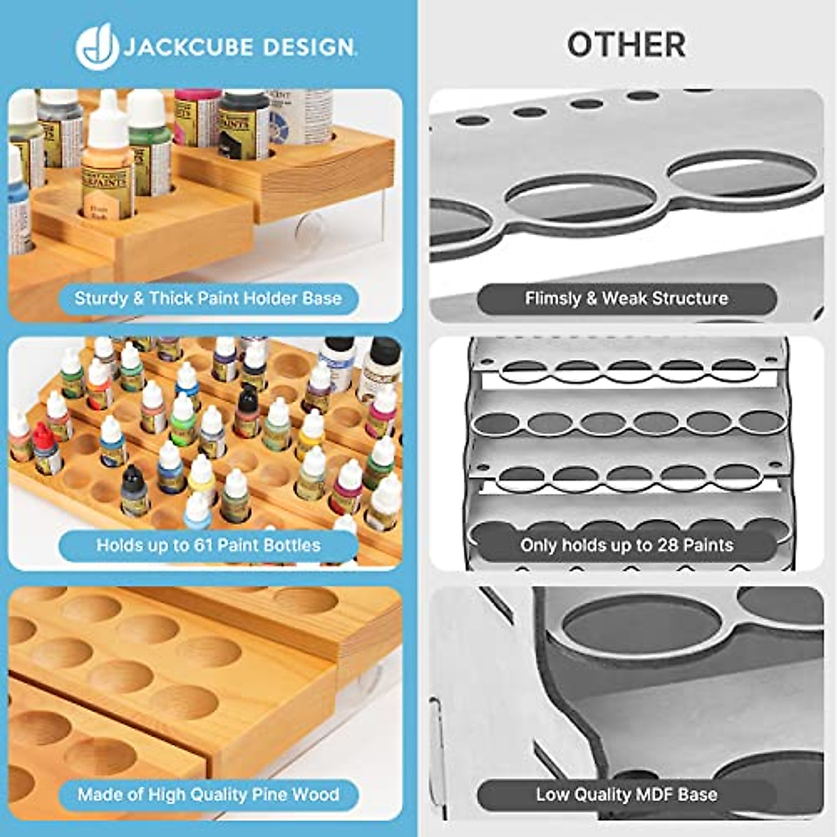 J JACKCUBE DESIGN 3 Tier Craft Acrylic Paint Organizer Holder Rack Wood Stand, Army Kits Acrylic Paint, Art Supply Ink Tool Storage Holder for 61 Bottles of Paints- MK456B