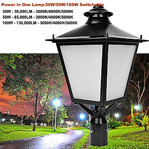 LED Top Pole Parking Lot Light, Commercial Area Street Lights AC100-277V, 30W-50W-100W Power Tunable,3000K-4000K-5000K CCT Color Tunable, IP65 Waterproof LED Post Top Lmap