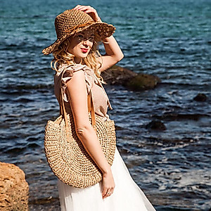 CWCYYDSYY Straw Beach Handbags Summer Handmade Round Corn Woven Shoulder Tote Bohemia Bags Purse for Women(Khaki -1)