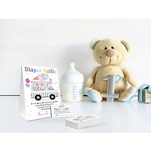 Diaper Raffle Baby Shower Game, 1 Standing Sign and 50 Tickets, Ice Cream Truck Theme Gender Neutral For Boys or Girls, Bring A Pack of Diapers for Mom-To-Be, (036)