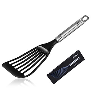 12.6“ Nonstick Spatula Turner, KSENDALO Thin Slotted Spatula, Wide Nylon Blade Lightweight but Sturdy Kitchen Fish Spatula, Desgin for Non-stick Pan, Black(option 1)