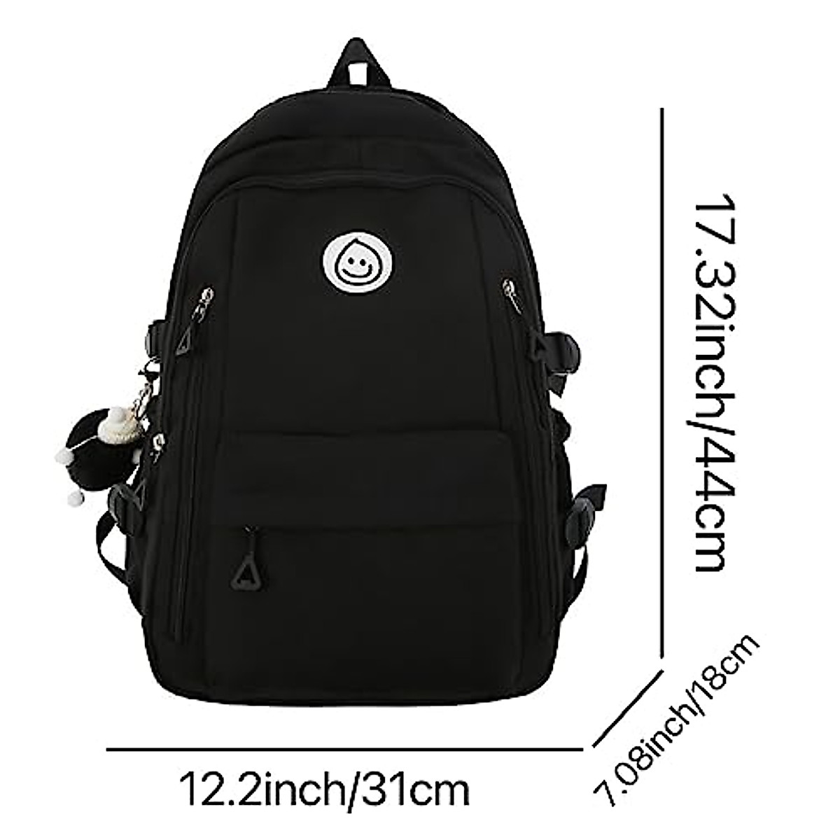 Romlvy Kawaii Backpack with Cute Accessories Classic Multi Pockets Large Capacity Daypack Practical Aesthetic Backpack (Black)