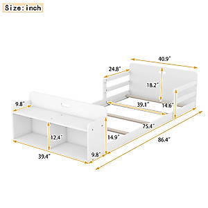 Twin Size Floor Bed with Rails and Storage Bench, Wood Kids Platform Bed Frame with Headboard and Footboard, No Box Spring Needed, White