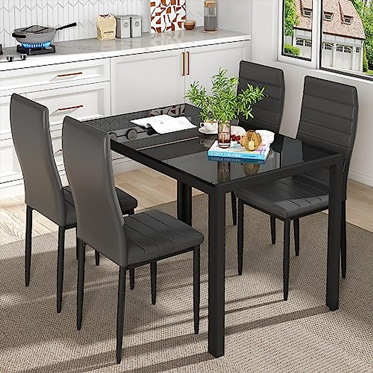 Recaceik Dining Table Set for 4, Kitchen Table and Chairs for 4, Glass Dining Room Table Set with 4 PU Leather Upholstered Chairs Modern Small Dinner Table Set Breakfast Table for Home, Black