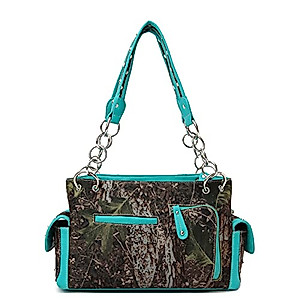 Cowgirl Trendy Camouflage Dual Pistol Western Studs Handbag Concealed Carry Purse Country Women Shoulder Bag Wallet Set (Turquoise Set)