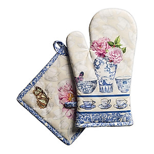 Maison d' Hermine Canton Bundle Set 100% Cotton Apron (27.50 Inch by 31.50 Inch) Set of 3 Kitchen Towels (20 Inch by 27.5 Inch) and Oven Mitt (7.5 Inch by 13 Inch)/Pot Holder (8 Inch by 8 Inch)