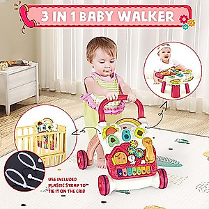 3 in 1 Sit-to-Stand Baby Walker, Activity Center for Baby Girl, Learning Walker, Multifunctional Removable Play Panel, Early Learning Push Music Toys for Infant 12 Months Red