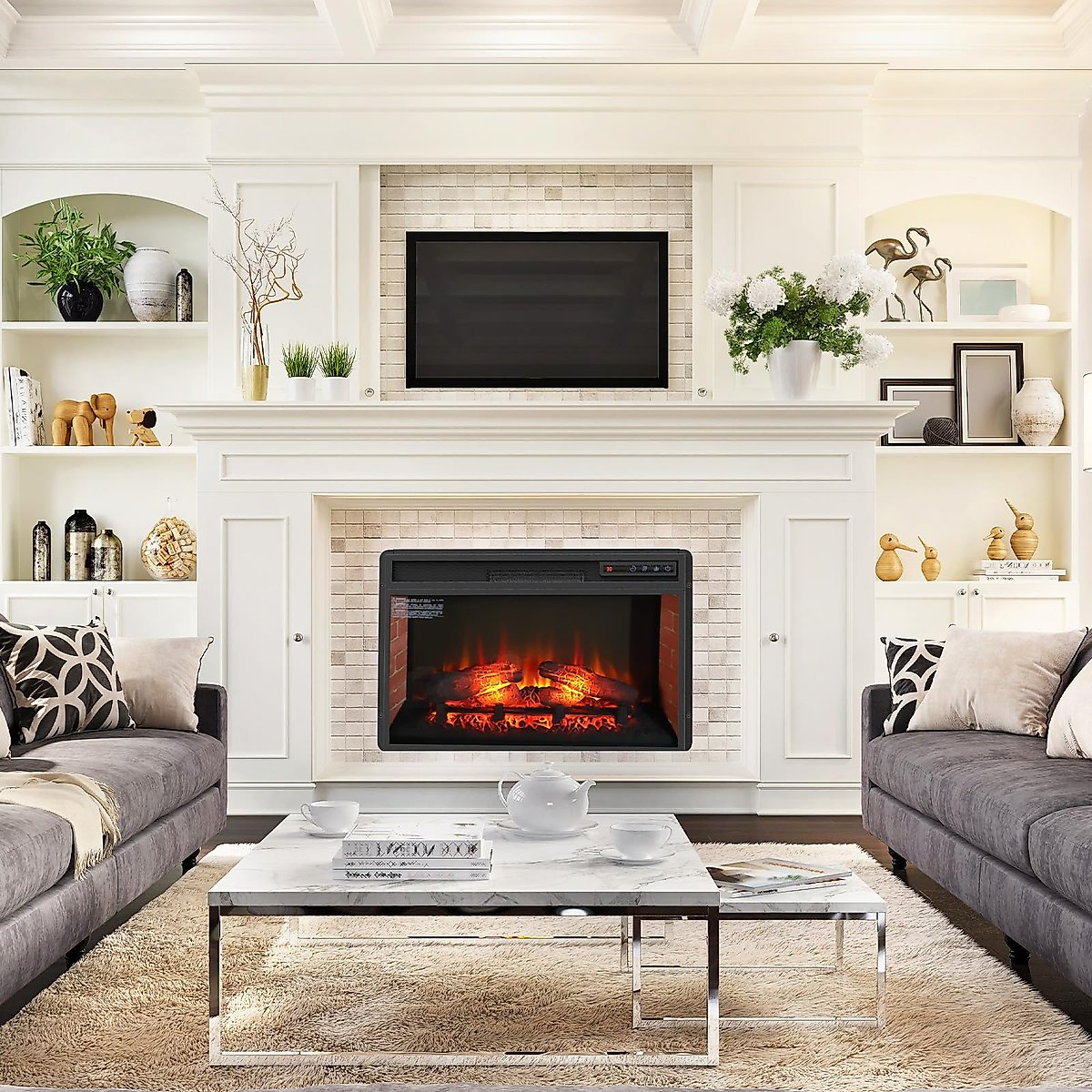 ROVSUN 26" Recessed Electric Fireplace Insert w/Remote Control Timer Adjustable Space Heater FireBox, 3 Flame Brightness, Two Side Built-in Wall Tiles Logs,CSA Listed(Black)