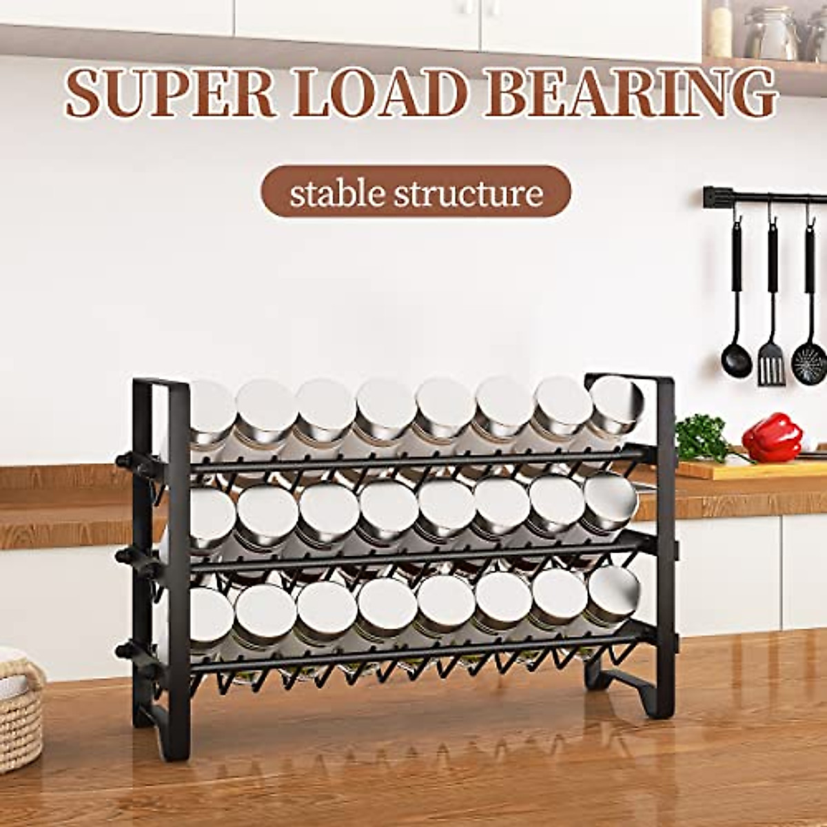 H-SPACE Spice Rack Organizer for Cabinets, 3 Tier Spice Rack Organizer, Removable Countertop Spice Rack, Freestanding Spice Jar Organizer for Kitchen Counter (Black)