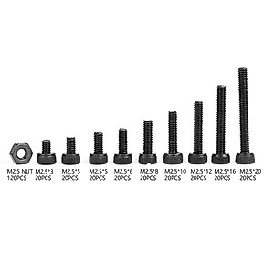 M2.5 x 3-20mm Alloy Steel Socket Head Screws, Black Screw Bolt with Nut, 300Pcs Socket Head Cap Screw Fastener for Professionals Amateurs