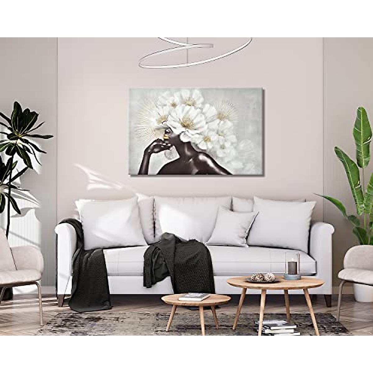 ARTINME Framed African American Black Art Women with Glod Flowers Wall Art Hand-Painted on Canvas Print Wall Picture for Home Accent Living Room Wall Deco 24"x36"