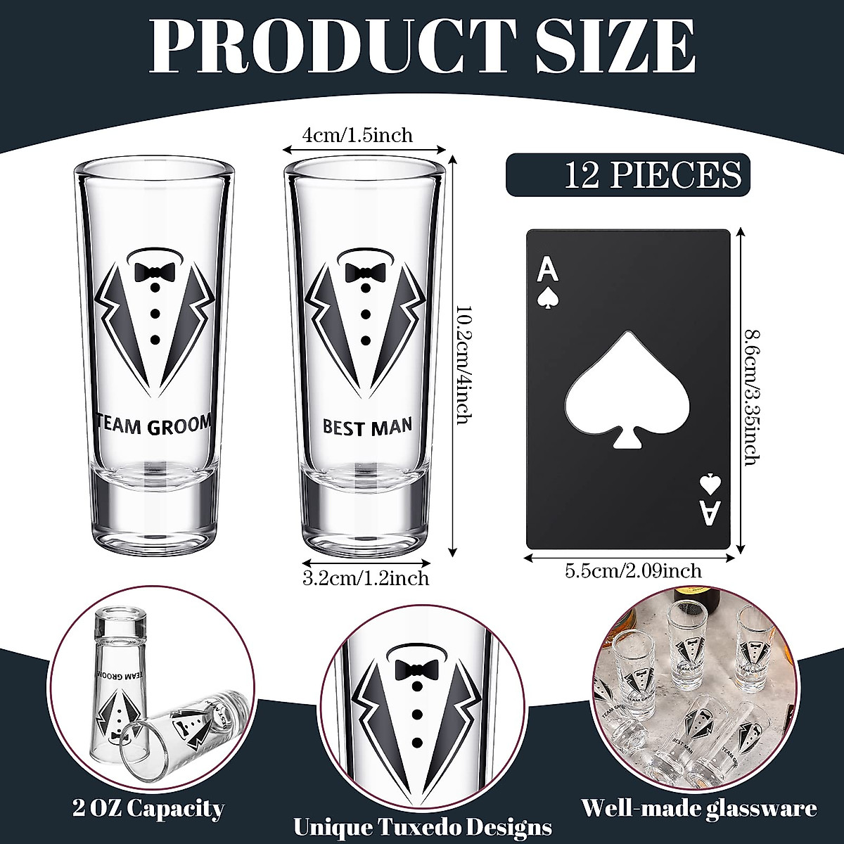 6 Pcs Groomsmen Shot Glasses and 6 Pcs Ace of Spades Bottle Opener 2 oz Tuxedo Printed Groomsmen Shot Glasses Set of 6 Groomsmen Proposal Gifts Bachelor Party Supplies for Wedding Party Favor Gifts