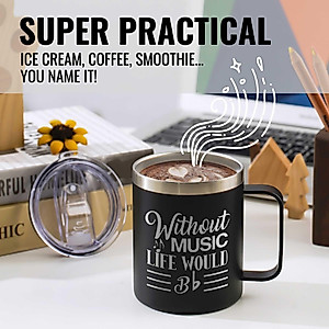 Onebttl Music Lover Gifts For Men, Male, Him - Without Music Life Would B Flat - 12 oz /350 ml Insulated Mugs with Lid - Musician Gifts, Musical Lovers Gift - (Black)