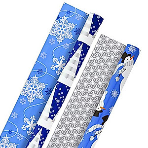 Hallmark Holiday Reversible Wrapping Paper Bundle, Blue and Silver (Pack of 2, 60 sq. ft. ttl) Snowmen, Snowflakes, Christmas Trees