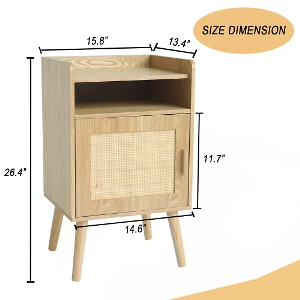 AWASEN Mid Century Nightstand with Charging Station, Rattan Night Stand with Storage, Bedside Table End Table with 2 Tiers Shelf Space for for Bedroom,Living Room, Natural Walnut