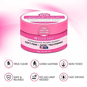 Joya Mia Acrylic Powder for Nails, MMA-Free, Super Adhesion Professional Powder for Flawless & Long-Lasting Nail Enhancements, Easy Application, Vibrant & Stunning Colors - Soft Pink, 1 oz