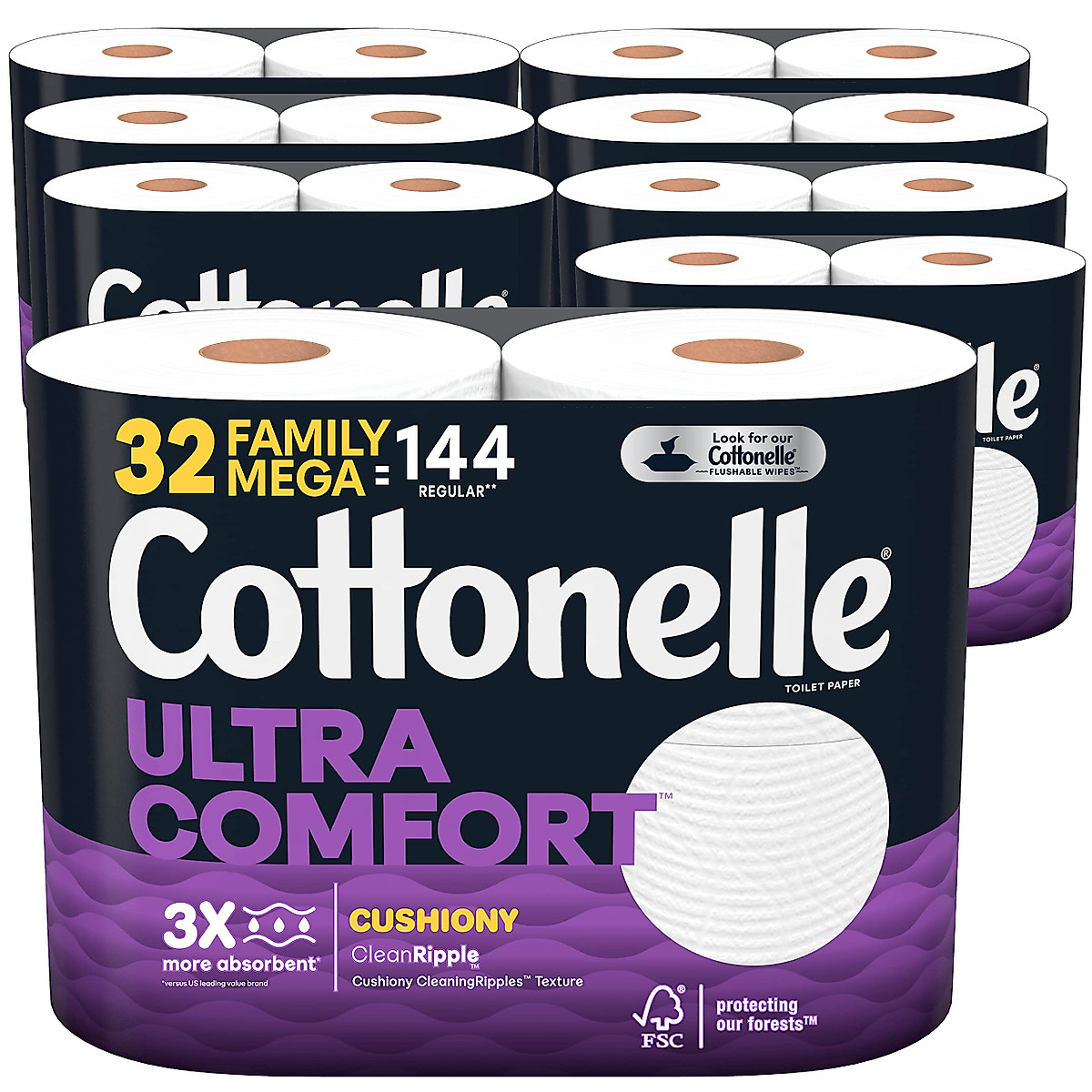 Cottonelle Ultra Comfort Toilet Paper with Cushiony CleaningRipples, 2- Ply, 32 Family Mega Rolls (8 Packs of 4) (32 Family Mega Rolls= 144 Regular Rolls), 325 Sheets per Roll, Packaging May Vary