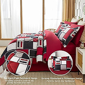 Junsey 8 Pcs Bed in A Bag Queen Size, Red Black Plaid Comforter with Flat Sheet,Fitted Sheet, Bed Skirt, Pillowcases & Shams, Burgundy Patchwork Down Alternative Bedding Comforter with Sheet
